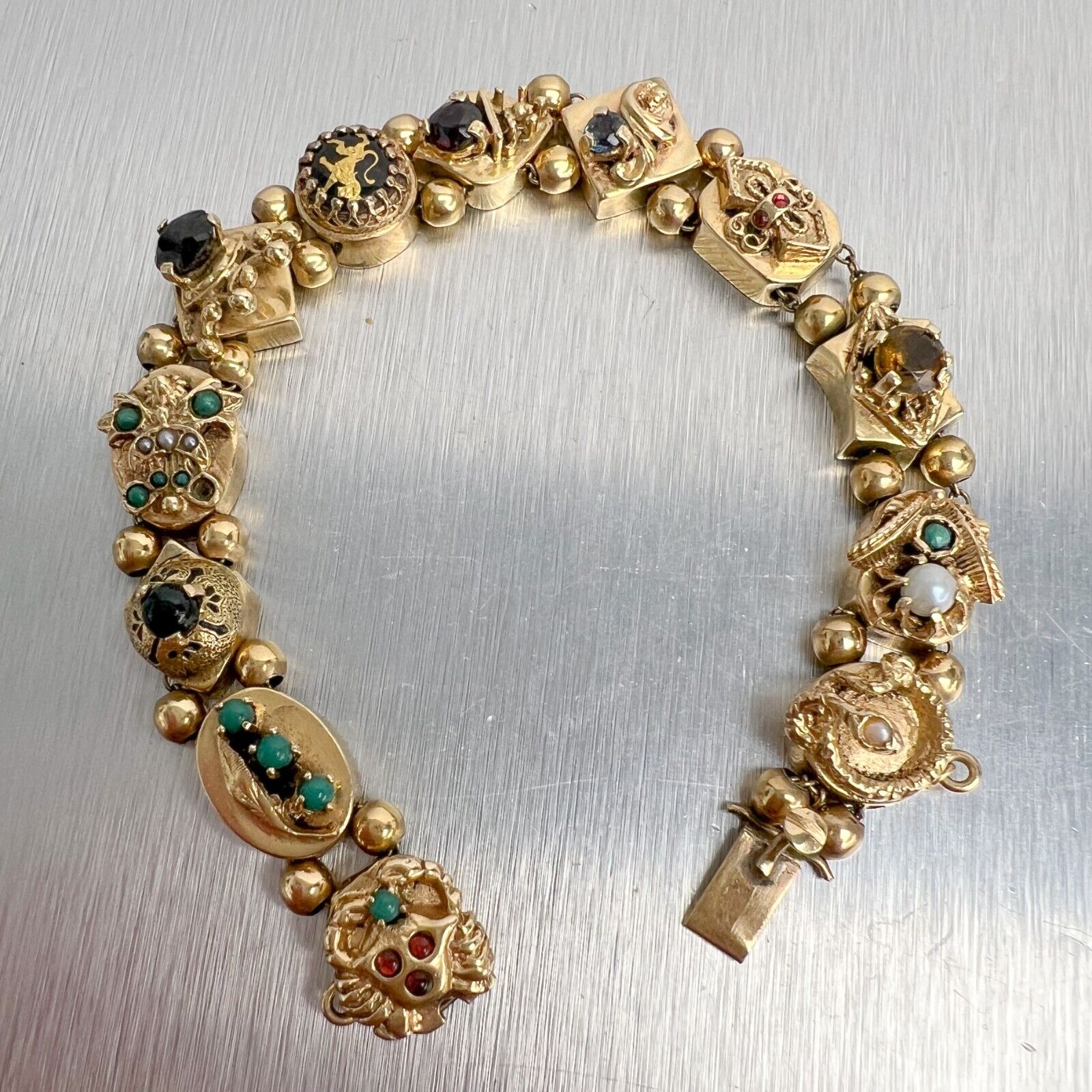 Vintage 14k Yellow Gold Pearl & Gemstones Lion Snake Crown Charm Brace ...